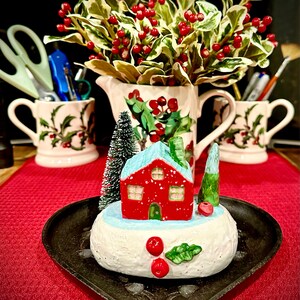 Ceramic Pale Blue Cottage House Shrubs Handmade by Sharon Bloom Designs ...
