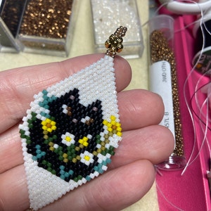 Flower Black Cat Bead Earrings Pattern Pdfiris Brick Stitch Seed Bead ...