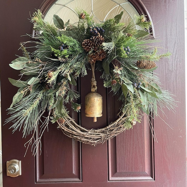 Winter Wreath With Rustic Brass Bell |housewarming Gift | Rustic Style ...