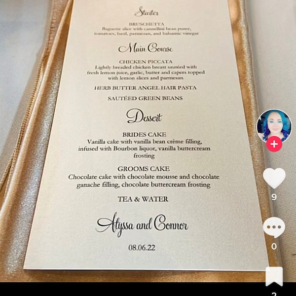 PRINTED Wedding Dinner Menu, 4x8" or 5x7" Card, Table Menu, Party ...