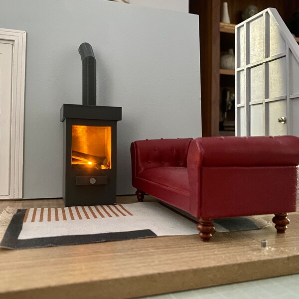 Dolls House Modern Dark Grey Square Log Fire With Light up Flame and ...