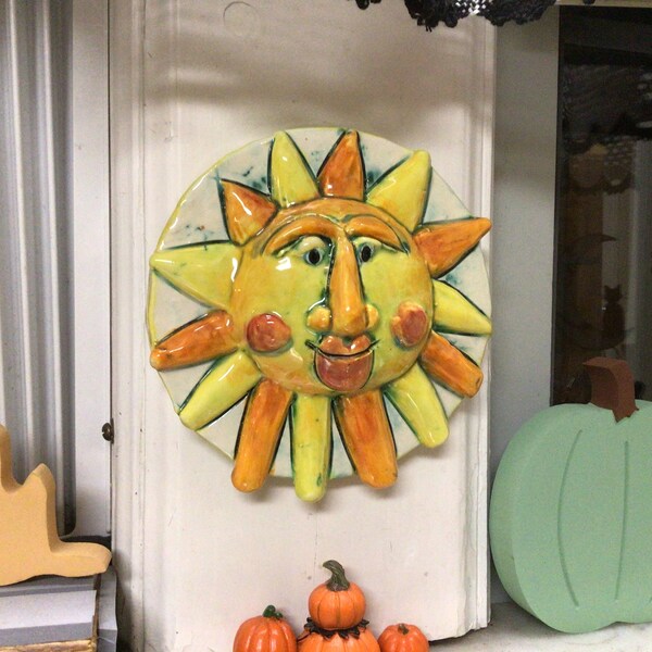 Happy Handcrafted Ceramic Sun Face, Decorative Tile, Whimsy Garden ...