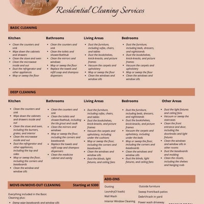 Editable Cleaning Service Pricing List, Clean Price List Template ...