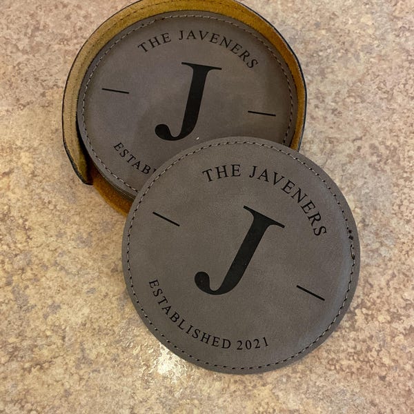 Monogrammed Leather Coaster Set, Personalized Engraved Gift, Customized ...