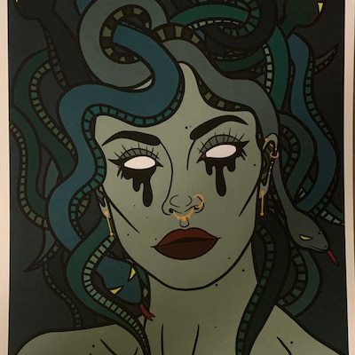Medusa Art Print green Snake Haired Woman Greek Mythology Art Deco Art ...