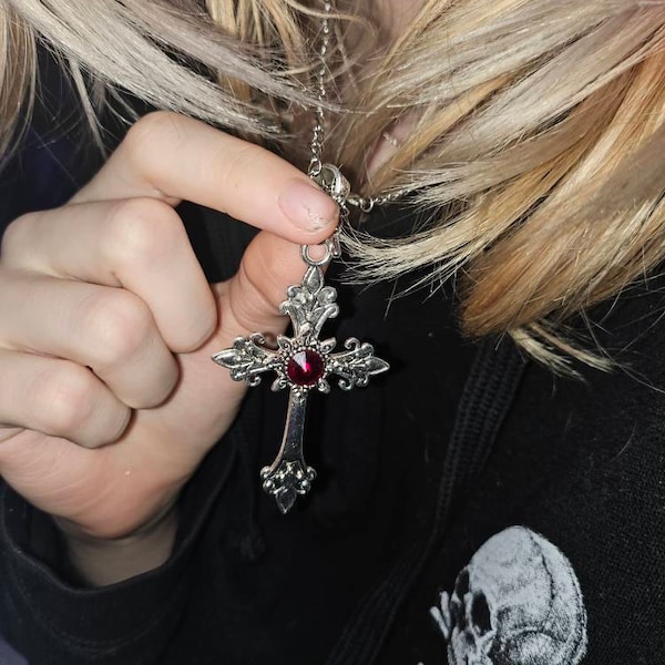 Dark Ruby Red Antiqued Silver Cross Crucifix Gothic Victorian Vampire ...