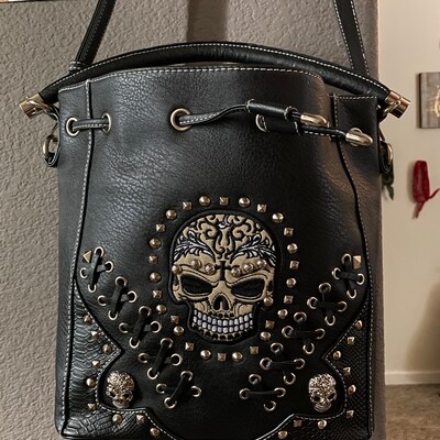 Sugar Skull Punk Handbag Studs Drawstring Magnetic Snap Closure ...