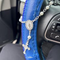 Mini Rosary Steering Wheel Charm: Virgin Mary, Cross, Pearl Beads - Etsy
