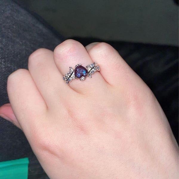 Gothic Amethyst Engagement Ring Unique Solid 14k Black Gold Leaf Ring ...