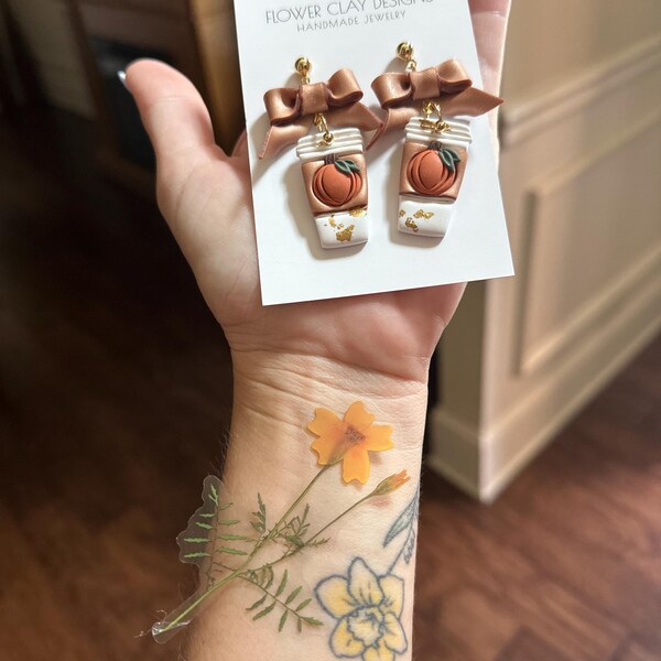 Handmade Floral Pumpkin Clay Earrings Fall Theme Floral Pumpkin Bow ...