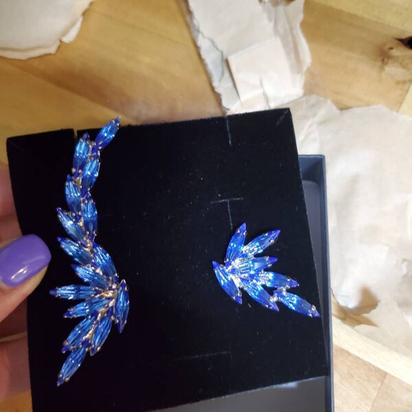 Royal Blue Ear Cuff Earrings, Sapphire Blue Bridal Ear Climber Earrings ...
