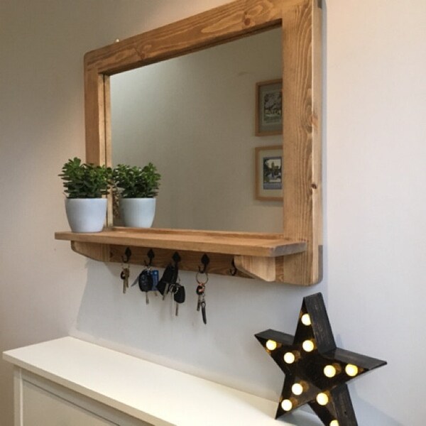 Large Mirror With Shelf & 5 Iron Hooks, Wide Rustic Wooden Frame, 76W X ...