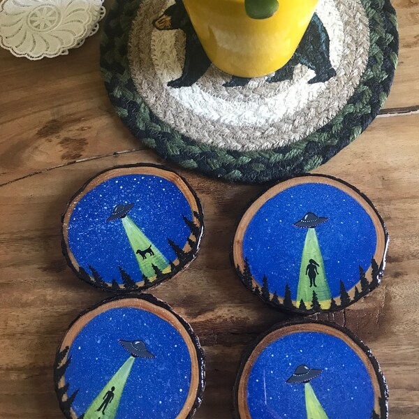 UFO Abduction Hand Painted Resin Coaster Set Galaxy Home Decor Alien ...