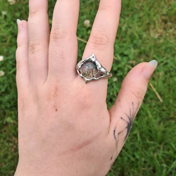 Raw Spiky Liquid Metal Gothic Ring With Gray Moonstone, Handmade Dark ...