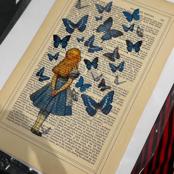 Alice Print Alice Meets Mona Lisa Print on Upcycled Vintage Page Mixed ...