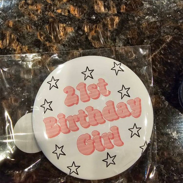 21st Birthday Pink Bow Custom Pin Button, Personalized Badge for ...