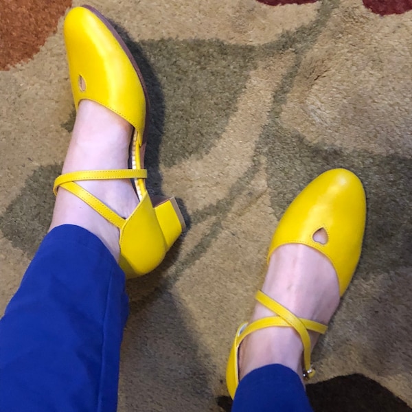 Customizable Handmade Women Yellow Leather 3cm Heel Shoes,cross Strap ...