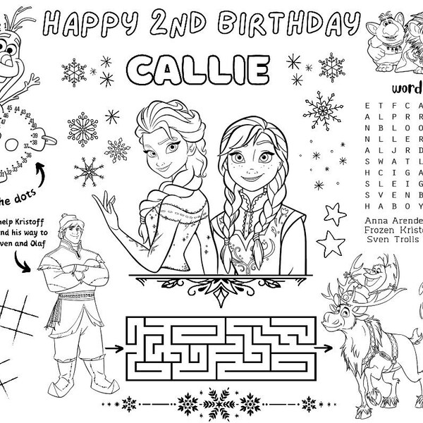 Frozen Elsa Birthday Coloring Page, Frozen Party Favors, Placemat ...