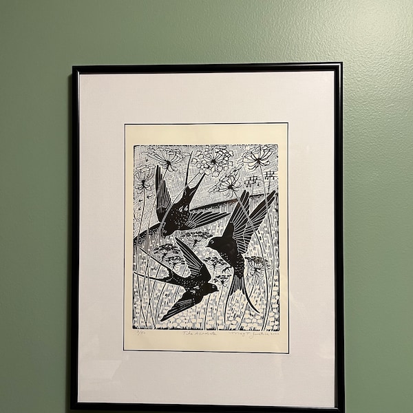 The Acrobats Linocut in Black,barn Swallow Blockprint,bird Lovers Gift,bird Linocut Print,bird ...