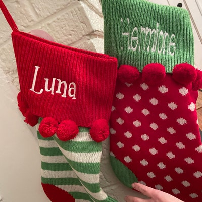 Pom Pom Knit Stocking, Red or Green Knit Stocking,monogram Christmas ...