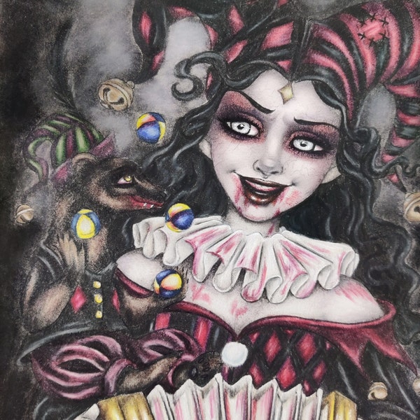 Jester Coloring Page GRAYSCALE Joker Harlequin Girl Ferret Illustration ...