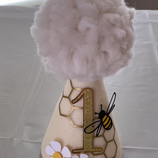 Bee Birthday Hat, Floral Bee Party Hat, Pom Pom Party Hat, 1st Bee-day ...