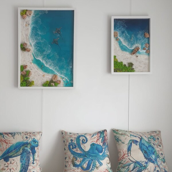 Rectangle Framed Coastal Resin Art, Seaside Epoxy Resin Wall Decor ...