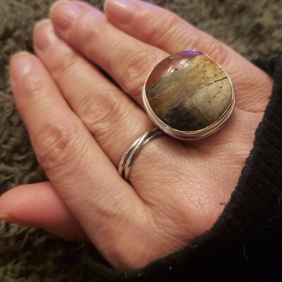 Large Green Amber Gemstone Silver Ring 925 Sterling Solid Boho Silver ...