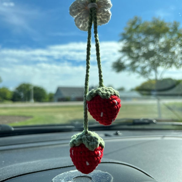 Strawberry Car Mirror Hanging Accessories,crochet Strawberry, New Car ...