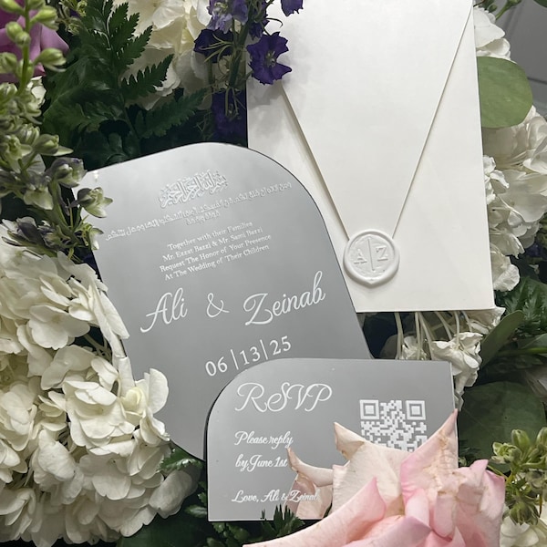 Silver Mirror Acrylic Wedding Invitation Set: Modern Elegant White ...