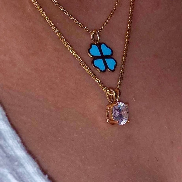 14K Yellow Gold Turquoise Four Leaf Clover Necklace, Turquoise Clover ...