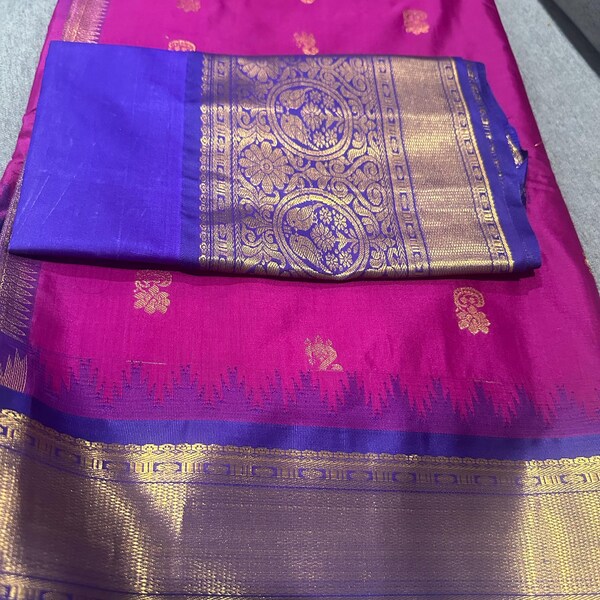 Green Blue Kanjeevaram Border Pure Silk Handloom Saree Maggam Work ...