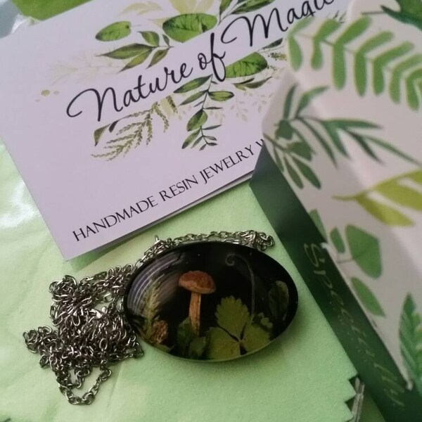 Forest Pendant With Real Mushrooms, Hepatica Flowers, Fern, Pink ...