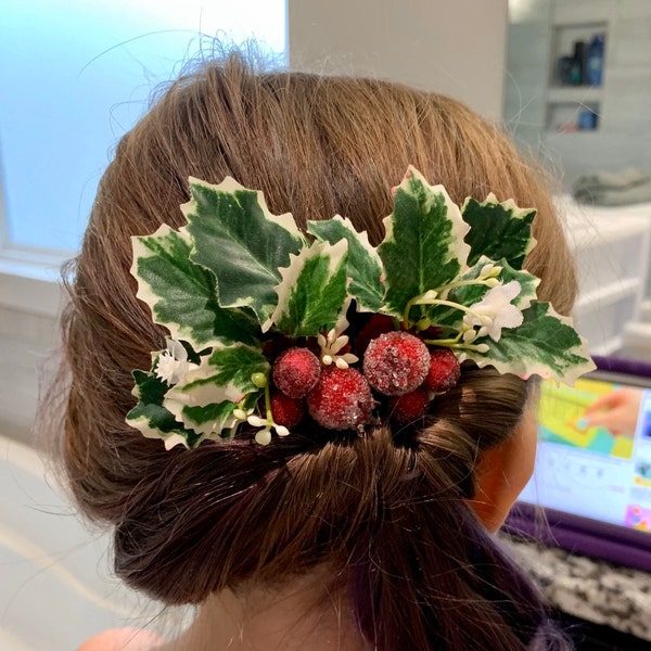 Holly Hair Pin,holly Leaves and Berries,variegated Holly Leaves,sugared ...