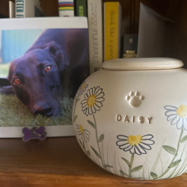 Daisy Cat Urn, Yellow Cat Urn, Creamation Urn, Pottery Urn for Pets ...