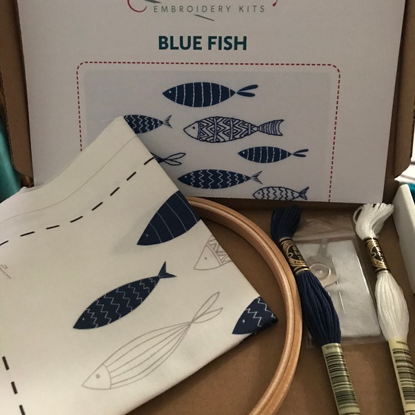 Blue Fish Embroidery Kit. Scandi Design. Embroidered Wall Art. - Etsy