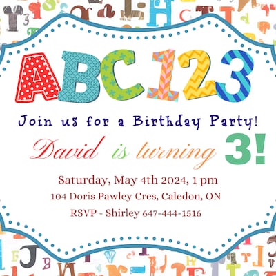 ABC Alphabet Birthday Invitation Personalized Made to Order Kids Party ...