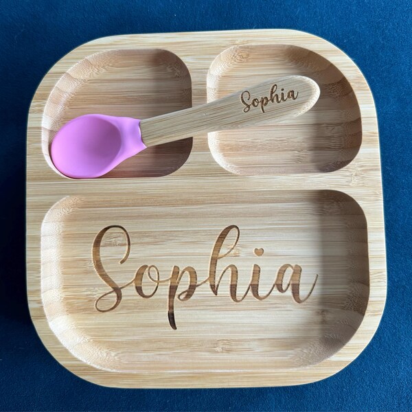 Personalised Bamboo Childrens Dining Set Spoon & Bowl - Custom Engraved ...
