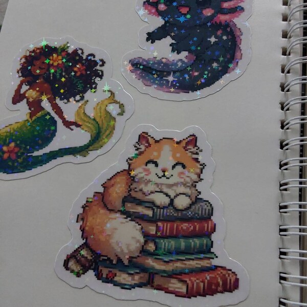 Bookish Kitty Vinyl Sticker - Cute Pixel Art Cat Decal, Gifts for ...