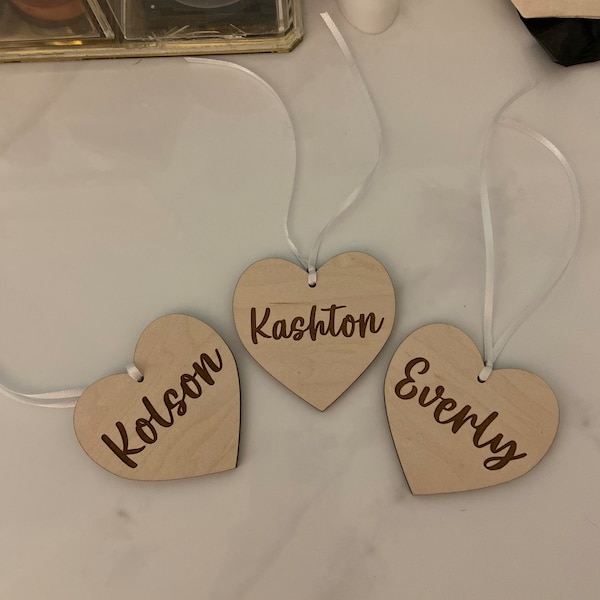 Wooden Heart Name Tag // Engraved Heart Name Tag // Wedding Labels ...