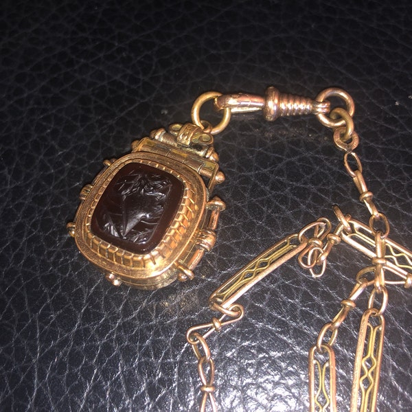Victorian Watch Chain Goldfilled W 9K Gold Carnelian Seal Fob, Tbar ...