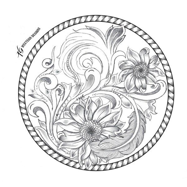 Leather Tooling Sunflowers-daisy -floral Vines- Feather- Rope Can, Round Purse Tracing Design ...
