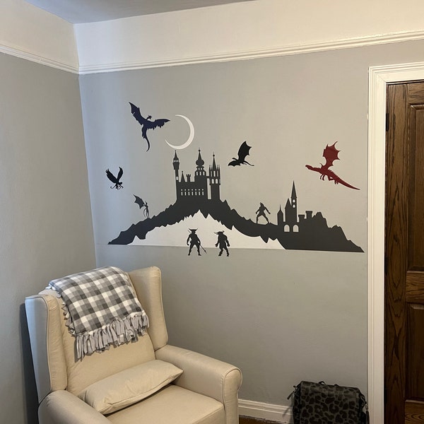 Fantasy Wall Castle Decal, Moon, Castle and Flying Dragon Landscape ...