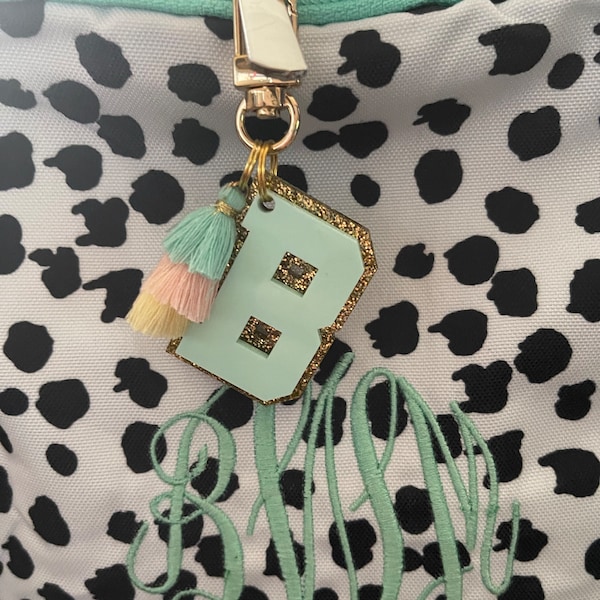 Varsity Letter Keychain With Mini Ombre Tassel | Initial Zipper Pull ...