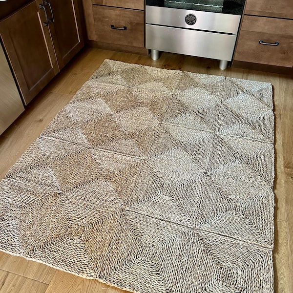 Hand Woven Seagrass Area Rug, Vintage Handmade Natural Straw Rug Rush ...