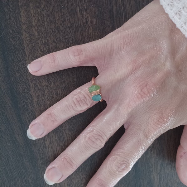 Triple Ruby Ring, Faceted Ruby Ring, Raw Ruby Ring, Ruby Copper Ring, Raw Stone Ring, Ruby Pear ...