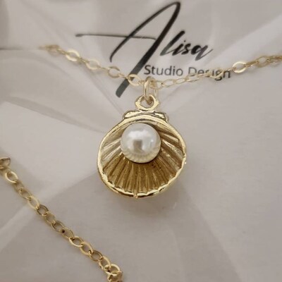 Gold Pearl Shell Necklace, Clam Shell Necklace, June Birthstone ...
