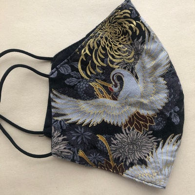 Cotton Face Mask Japanese Crane Dark Grey Print Cotton Print Reusable 3 ...