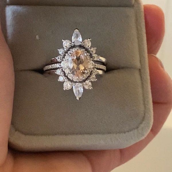 Morganite Wedding Ring Set 3PCS Bridal Set Vintage Morganite Engagement ...