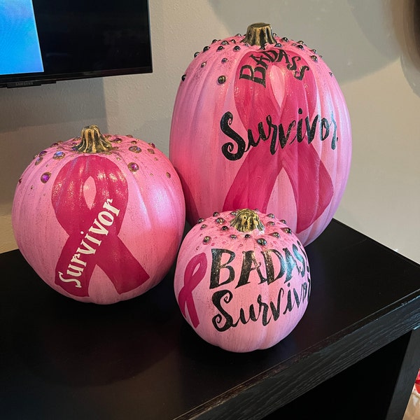 Pink Ribbon Breast Cancer Awareness Pumpkin: Handpainted Jeweled Decor ...